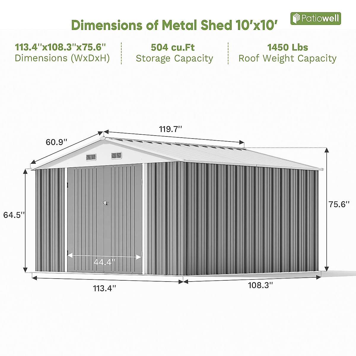 Patiowell 10' x 10' Metal Storage Shed for Outdoor, Steel Yard Shed with Design of Lockable Doors, Utility and Tool Storage for Garden, Backyard, Patio, Outside use, Grey