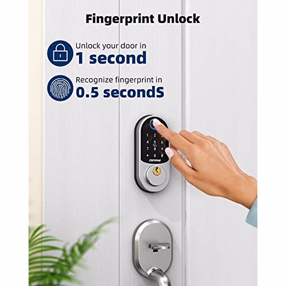 Keyless Entry Door Lock, Zomnua Fingerprint Smart Front Door Locks with Keypads, Smart Digital Biometric Electric Deadbolt Lock with Auto Lock, Fob, Code, Touchscreen,Silver