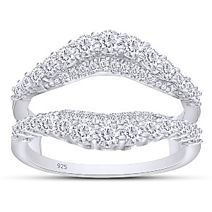 AFFY Round Cut White Cubic Zirconia Double Row Prong Set Contour Solitaire Enhancer Engagement Ring In 14k White Gold Over Sterling Silver (2.06 Cttw) Ring Size-5