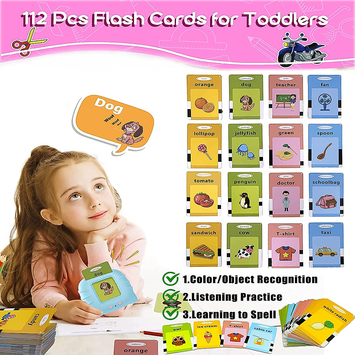 Educational Toddler Toy Flashcards Device,WONFAST 112PCS Double-Sided Illustrations Words Audible Preschool Learning Flash Cards Reader for Kids Boys Girls Birthday Christmas Children Gifts (Blue-1)