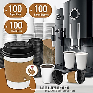 Ginkgo 100-Pack 8 oz Thickened Disposable Coffee Cups with Lids and Sleeves for Hot Beverages - Perfect for Hot Coffee, Cocoa, and More