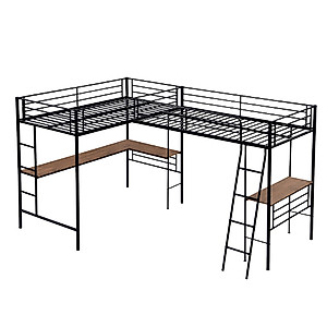 Harper & Bright Designs L Shaped Metal Loft Bed with 2 Desk, Twin Loft Bed with Safety Rail and 2 Ladder, Heavy-Duty Steel Frame Corner Twin Bed for 2 Kids Girls Boys Teens (Twin Size, Black)