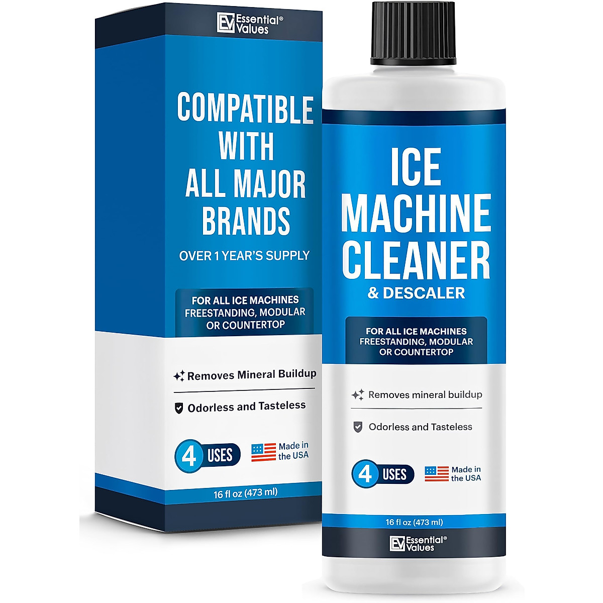 Essential Values Ice Machine Cleaner 16 fl oz, Nickel Safe Descaler | Ice Maker Cleaner Compatible with: Whirlpool 4396808, Manitowac, Ice-O-Matic, Scotsman, Follett & More! - Made in USA