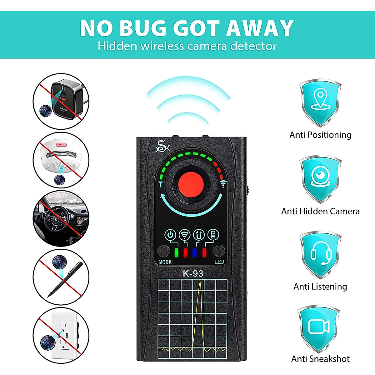 QNTT Hidden Camera Detectors, Anti Spy Detector, Hidden Camera Bug Detector Wand 12 Levels Sensitivity RF Signal Detector for GPS Tracker Audio Device