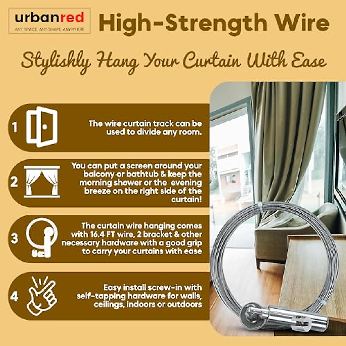 UrbanRed Stainless Steel 16.4 FT (5m) Curtain Wire Rod Set - Curtain Wire Hanging System, Versatile Art Display, Photo Hanging - Wall Mount Clothesline for Windows with Tension Wire Design