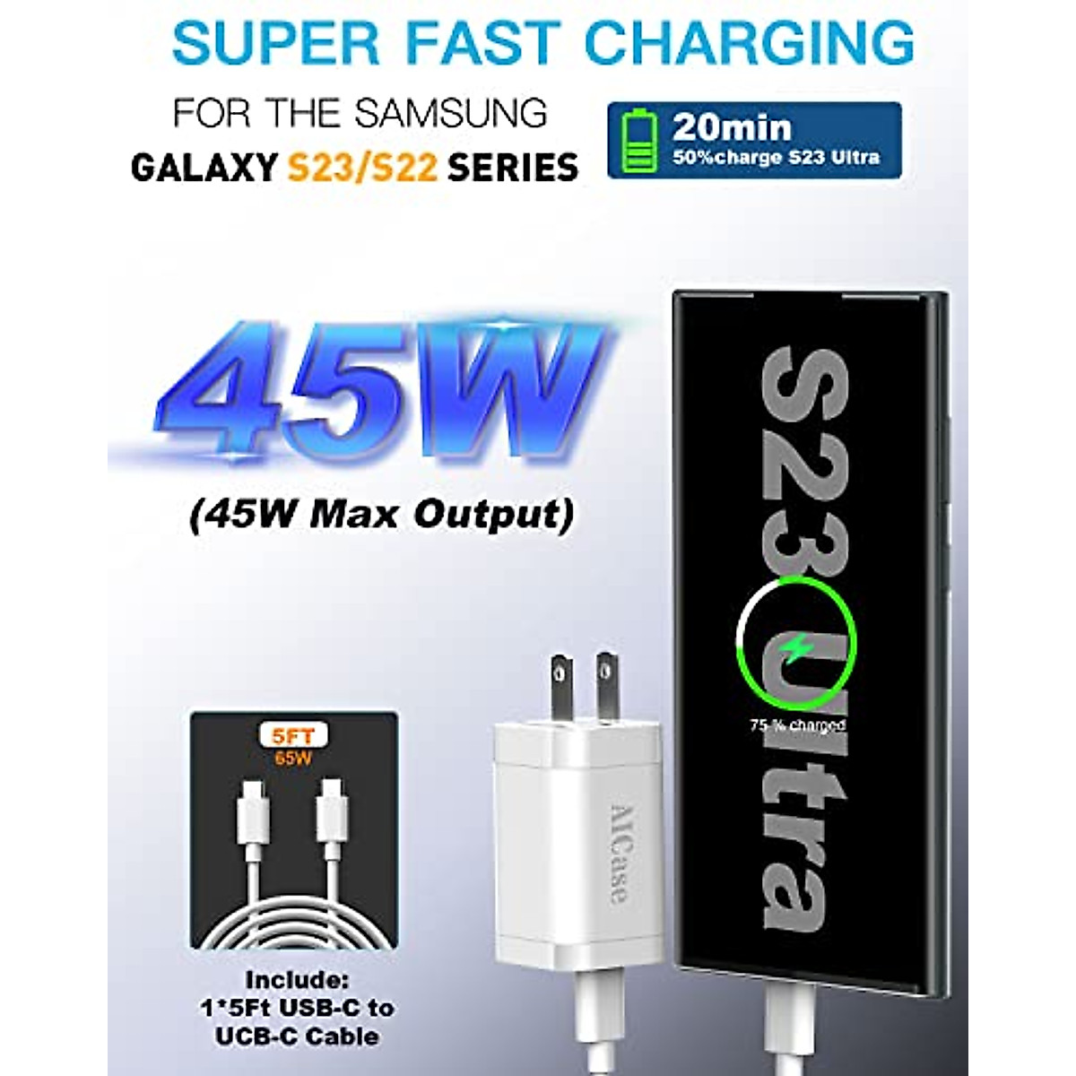 AICase 45W Super Fast USB-C Wall Charger,for Samsung Galaxy S22 Ultra,45 Watt Dual Type C Charging Block GaN Charger for Samsung S23/S22 Plus/S21/S20/Note 10/20/iPhone 14/iPad/MacBook