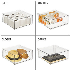 mDesign Plastic Stackable Closet Storage Organizer Bin Containers with Front Pull Drawer for Cabinet, Desk, Shelf, Cupboard, or Dresser Organization - Lumiere Collection - 2 Pack - Clear