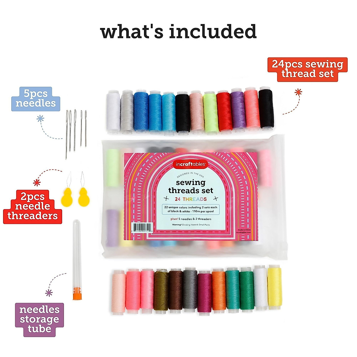 Incraftables Sewing Thread Assortment (24 Pcs Set). Best Polyester Thread for Sewing Machine (360ft per Spool). All Purpose Kit for DIY Embroidery, Quilting & Hand Stitching