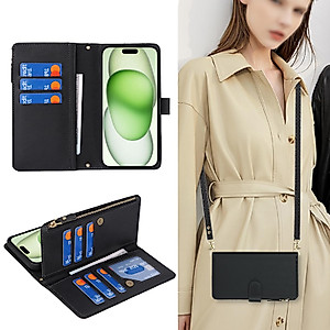 Jaorty Crossbody Phone Case for iPhone 15 Plus with Strap Lanyard,for iPhone 15 Plus Wallet Case for Women with Card Holder,Zipper Pocket Magnetic Flip Leather Case,6.7" Black