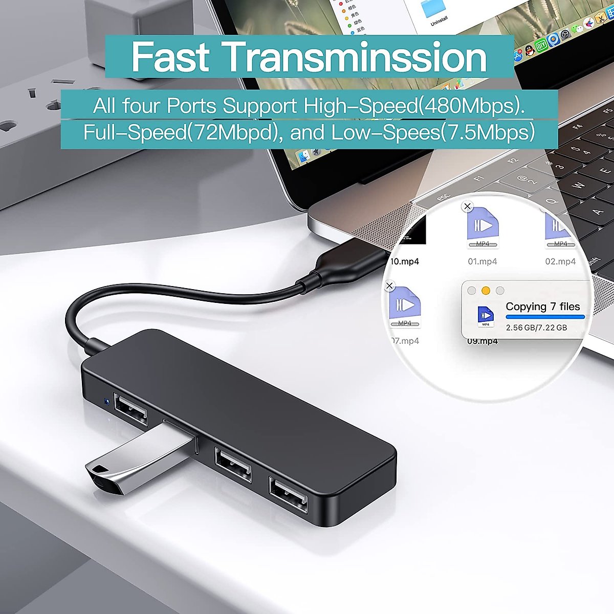 USB Hub, USB Splitter,USB 4-Port Adapter,USB Extender for Laptop, PC, MacBook, Mac Pro, Mac Mini, iMac, Surface Pro and More (Black-USB 2.0/0.3m)