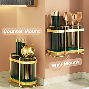 Esusom Utensil Holder 2-slot for Kitchen Countertop or Table, Plastic Silverware Storage Organizer Caddy Wall Mount or Stand, Anti-Rust Cutlery Holder for Spoons, Forks, Knives and Chopsticks