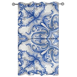 Outdoor Curtains for Patio,Retro Bohemian Tile Pattern Grommet Outside Curtains Windproof Privacy Panels with Tieback,Ethnic Blue Damask Weighted Window Treatment Indoor/Outdoor Drapes 54x84in