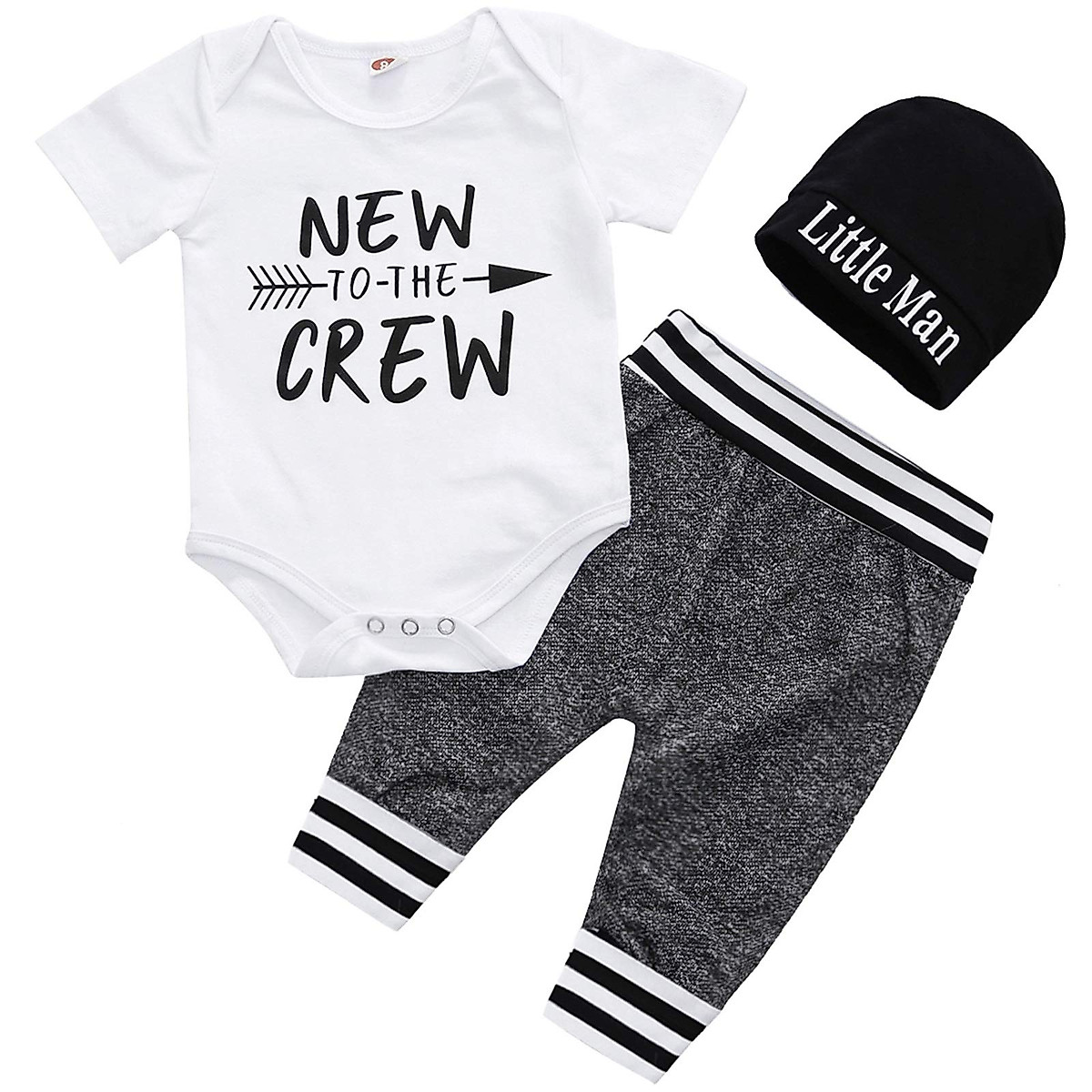 Tikoubabe Baby Boy Clothes Stuff Infant Summer 3 Piece Outfits Newborn Cute Letter Printed Romper Short Sleeve + Pants + Hat New To The Crew White Grey 0-3 Months 70CM