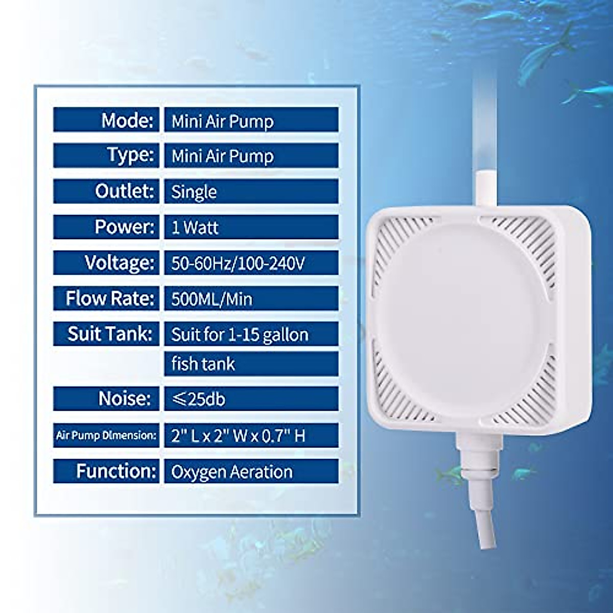 BinChang Mini Air Pump for Fish Tank, Quiet Aquarium Air Pump 1 Watt Energy Saving with Accessories 1-15 Gallon