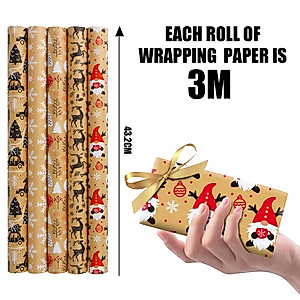 KIMOBER 5 Rolls Christmas Wrapping Paper,Brown Kraft Paper with Xmas Elements and Cut Lines on Reverse(17in × 118in Per Roll)