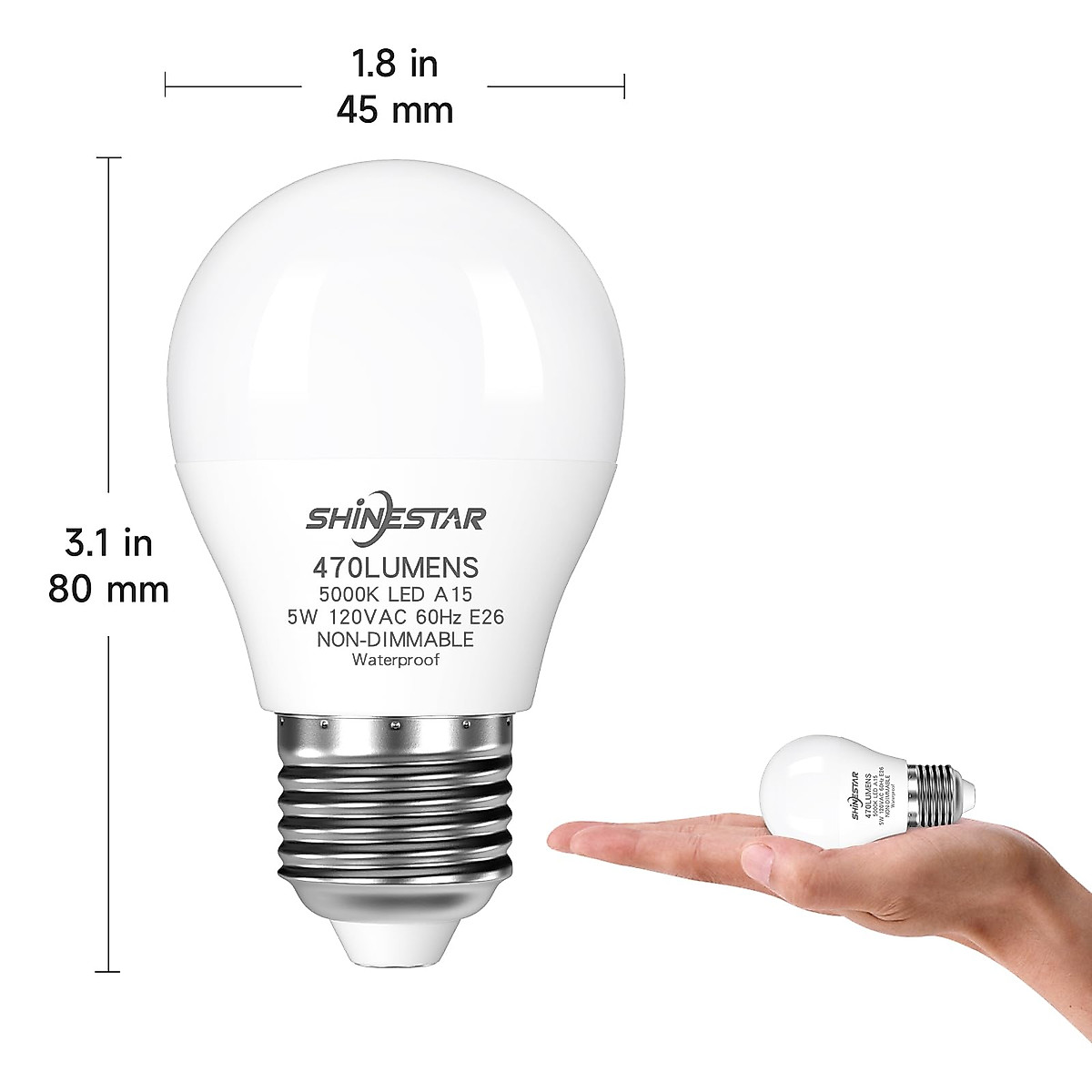 SHINESTAR Refrigerator Light Bulb, 40 Watt Appliance Bulbs for Fridge, 5000K Daylight, Waterproof A15 LED Bulb, Non-dimmable, 2-Pack