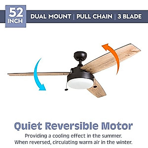 Prominence Home Statham, 52 Inch Contemporary Indoor LED Ceiling Fan with Light, Pull Chain, Dual Mounting Options, Modern Dual Finish Blades, Reversible Motor - 51018-01 (Espresso)