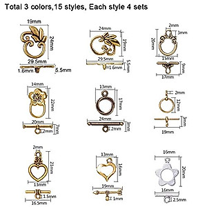 PH PandaHall 60 Sets Toggle Clasp, 15 Styles T-bar Closure Clasps IQ Toggle Clasps Flower Heart Clasps Fastener Hook Toggle Connectors TBar End Clasps for Necklace Bracelet Jewelry Making