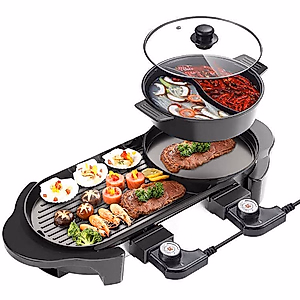 Electric Hot Pot Grill Removable Shabu-shabu Pot Korean BBQ Grill W/ Large Baking Tray Divider Hotpot, Smokeless Non-Stick Cooker Pan, Adjustable Temperature, 1-6 People, 110V