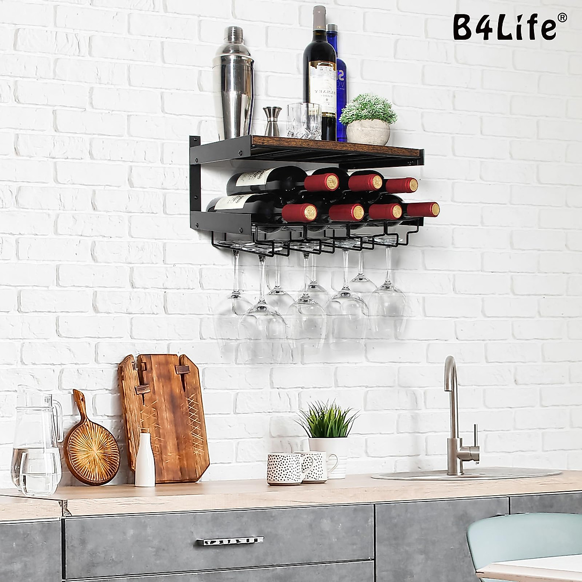 B4Life Wine Rack Wall Mounted with Stemware Rack, Wine Glass Rack Wall Mounted,Holds 8 x Glasses and 7 x Wine Bottles, Industrial Wine Glass Rack Wall Wine Rack with Wine Glass Holder