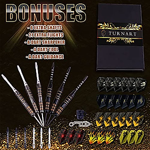 Darts Metal Tip Set, Brass Darts Steel Tip Set Professional for Bristle Dartboard, 3 Pieces 20 Grams and 3 Pieces 22 Grams Steel Tip Darts with 21 Extra Flights and a Darts’ Tool (1)