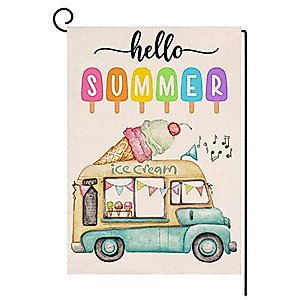 Summer Ice Cream Garden Flag 12x18 Vertical Double Sided Hello Summer Truck Beach Outside Decor Burlap Yard Flag BW148