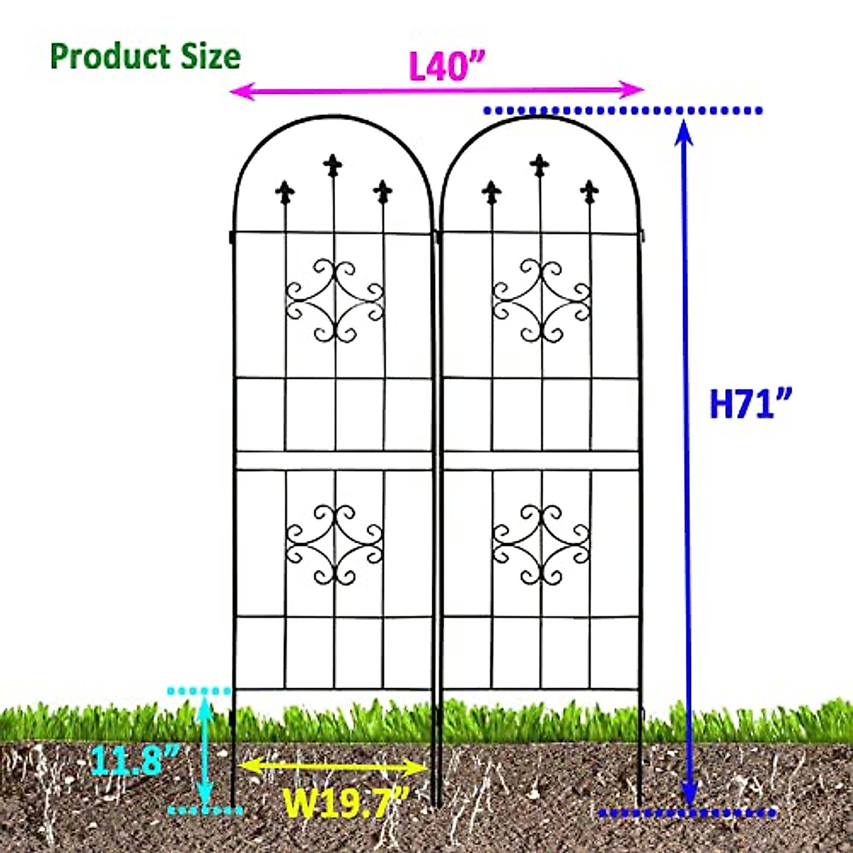eLeGreen 2 Pack Metal Garden Trellis for Climbing Plants 19.7''x 71'' Rustproof Metal Rose Trellis Vines Peas Support Plant Stand Black