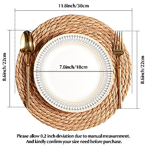 Round Woven Placemats Set of 10, 12" Boho Rattan Placemats Natural Hand-Woven Water Hyacinth Placemats, Farmhouse Weave Place Mats, Rustic Braided Wicker Table Mats for Dining Table,Home,Wedding
