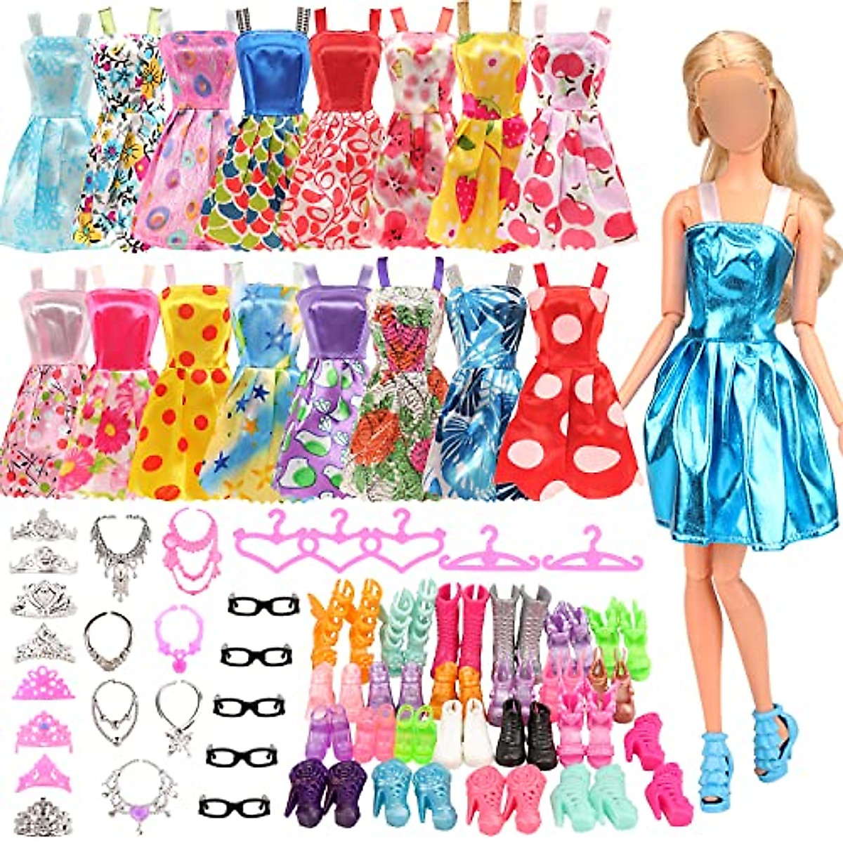 BARWA 42 pcs Doll Clothes and Accessories 10 pcs Party Dresses 32 pcs Shoes, Crown, Necklace Accessories for 11.5 inch Doll