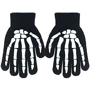 Polar Wear Skeleton Knit Beanie with Eye Holes & Glove Set for Halloween Costume (Black-White)