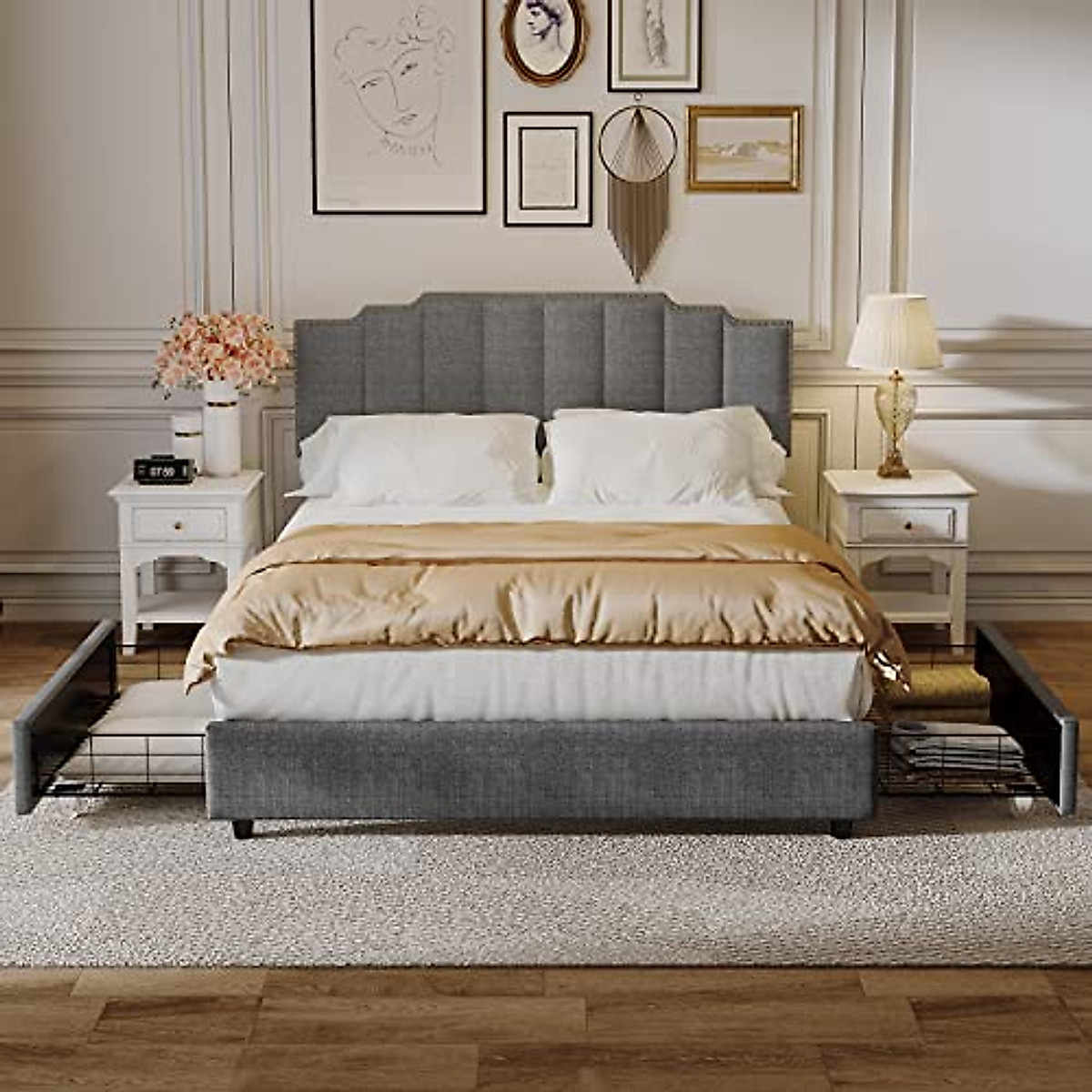 Origeture Queen Bed Frame with 2 Storage Drawers and Adjustable Headboard, Upholstered Linen Padded Platform Bed, Strong Wooden Slats Support, No Box Spring Needed, Easy Assembly, Noise-Free (Grey)