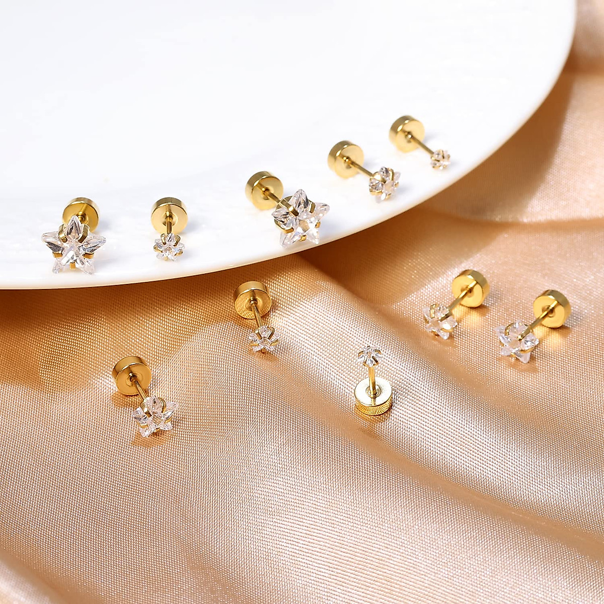 DAILI 5 Pairs Cubic Zirconia Earrings Studs: Gold Flat Back Stud Earrings for Women Hypoallergenic Surgical Stainless Steel Star CZ Stud Earrings for Helix Cartilage 3-8mm