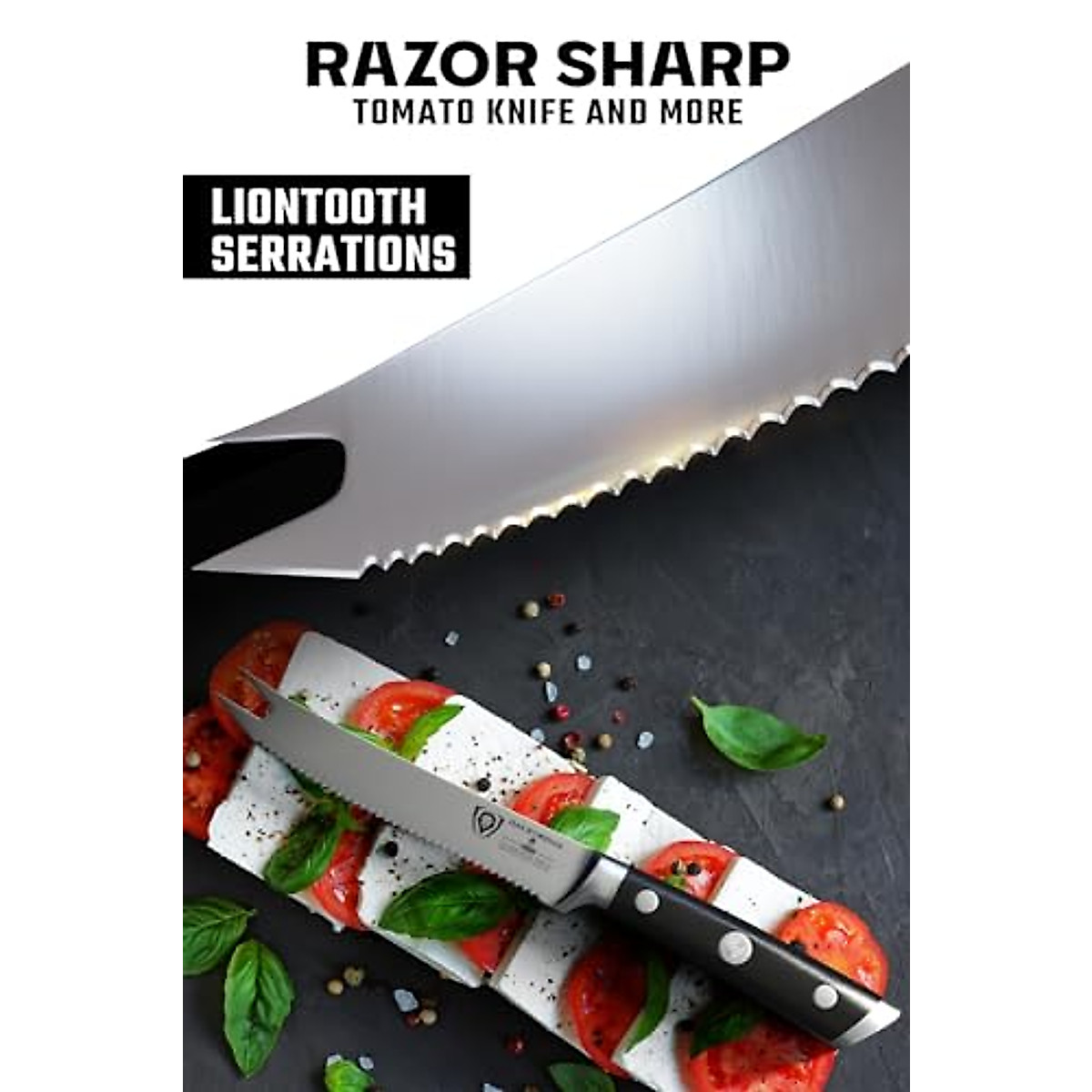 Dalstrong Tomato Slicing Knife - Gladiator Series Elite - 5" - Serrated Utility - German High Carbon Steel - Black Handle - Sheath Included - NSF Certified