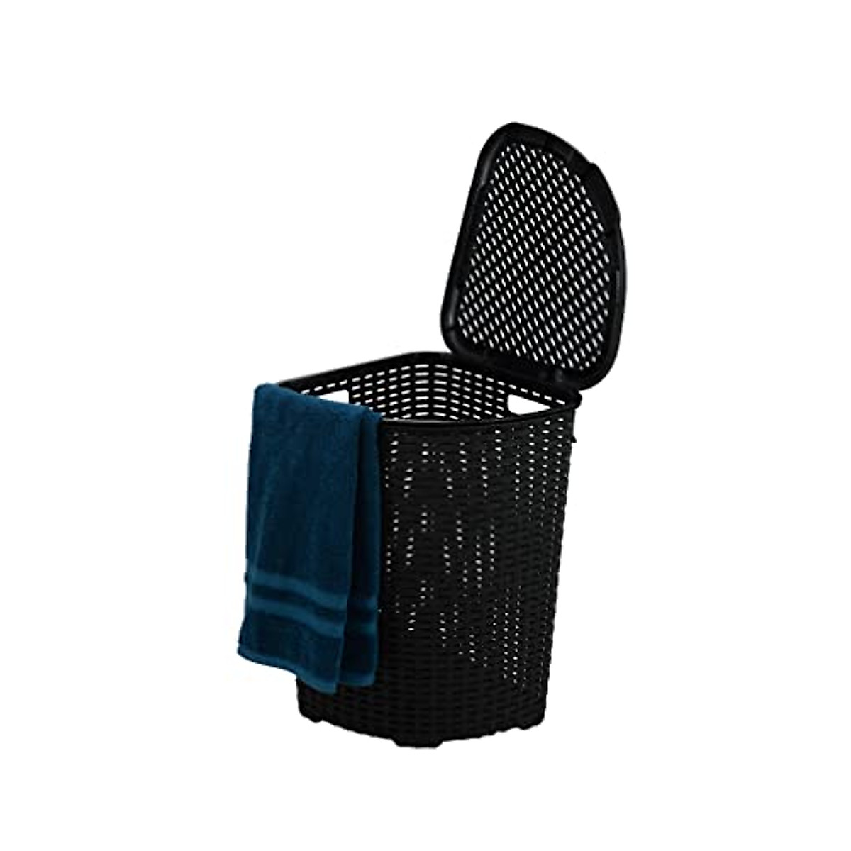 Plastic Corner Laundry Hamper with Lid, Curved Designed Laundry Basket, Triangle Black Cloths Hamper Organizer with Cut-out Handles for Laundry Room Bedroom Bathroom, Wicker Design, 50 Liter