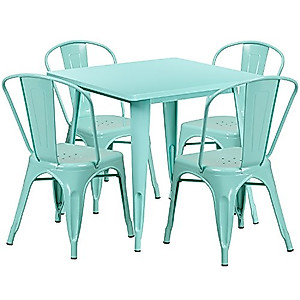 Flash Furniture Commercial Grade 31.5" Square Mint Green Metal Indoor-Outdoor Table Set with 4 Stack Chairs