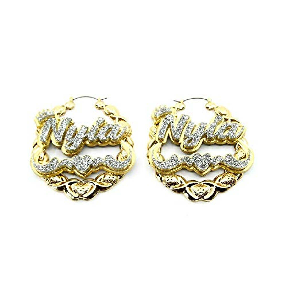 Personalized Custom Gold Hoop XOXO Earrings Name Plate Laser Cut Design Stunning Look - Quality, Attractive Gold Hoop Earrings With Swirls Heart and Crown on Top, Made To Order - 2.5 INCHES size