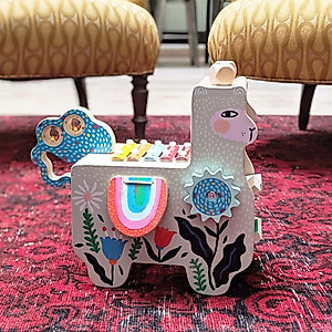 Manhattan Toy Musical Llama Wooden Instrument for Toddlers with Maraca, Clacking Saddlebags, Drumsticks, Washboard & Xylophone