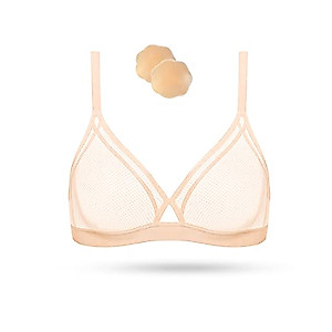Wingslove Women's Sheer Mesh Bra Sexy Lace See Through Bralette Unlined Wireless Plunge Triangle Transparent Bras (Nude,36D)