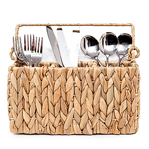 KOLWOVEN Wicker Utensil Caddy Carrier, Wicker Flatware Organizer, Hand Woven Water Hyacinth Cutlery Holder for Countertop with Handle