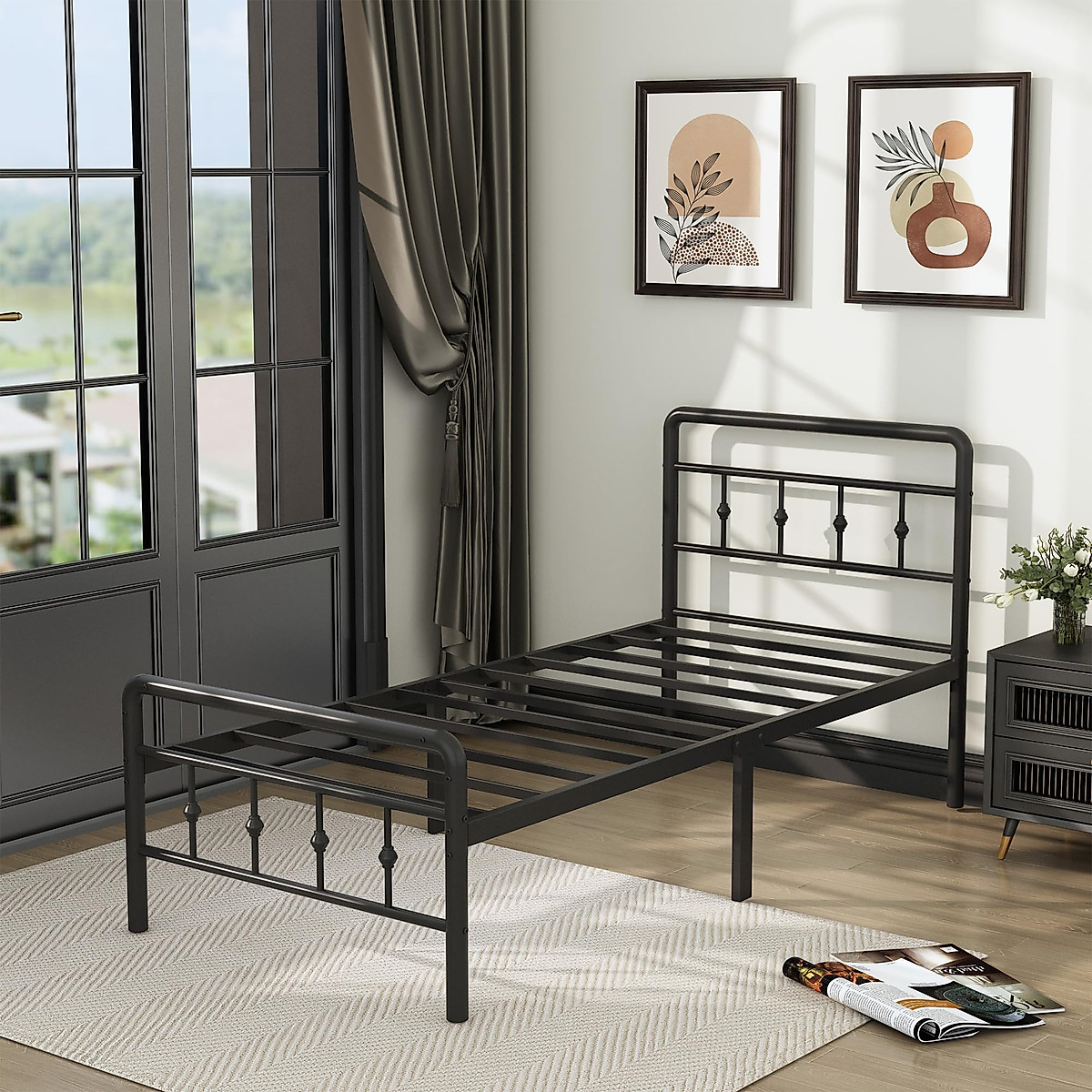 DiaOutro 16 Inch Twin XL Bed Frame with Headboard and Footboard, Classic Metal Platform No Box Spring Needed Heavy Duty Victorian Style Iron-Art Mattress Foundation/Under Bed Storage