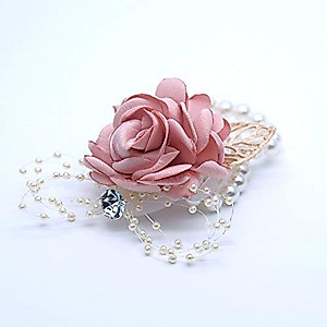 Axnhbubu (Set of 4) Girl's Pink Wrist Corsage Bracelets,Bridesmaid Pearl Boutonniere,Dusty Rose Corsages,Women's Hand Flowers for Wedding Party Prom,Homecoming Corsage.