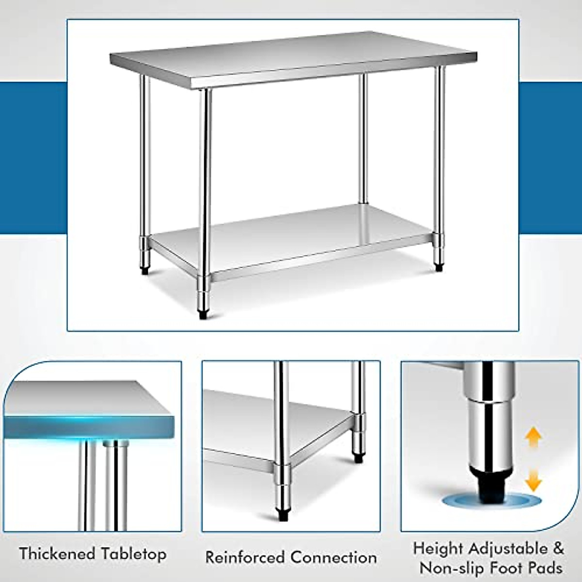 Giantex 48 x 30 Inches Stainless Steel Food Prep Table, Heavy Duty Commercial Kitchen Metal Table with Adjustable Lower Shelf and Plastic Feet, Steel Work Prep Table for Restaurant Home