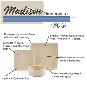 Tabletops Gallery Madison Fashion Dinnerware Collection- Square Contemporary Modern Reactive Glaze Dinner Salad Plate Bowl 4 Place Setting, 12 Piece Madison Dinnerware set in Speckled Grey
