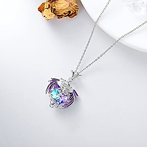 Dragon Necklace Sterling Silver Purple Wyvern Necklace with Heart Shaped Crystal Jewelry Gift for Women