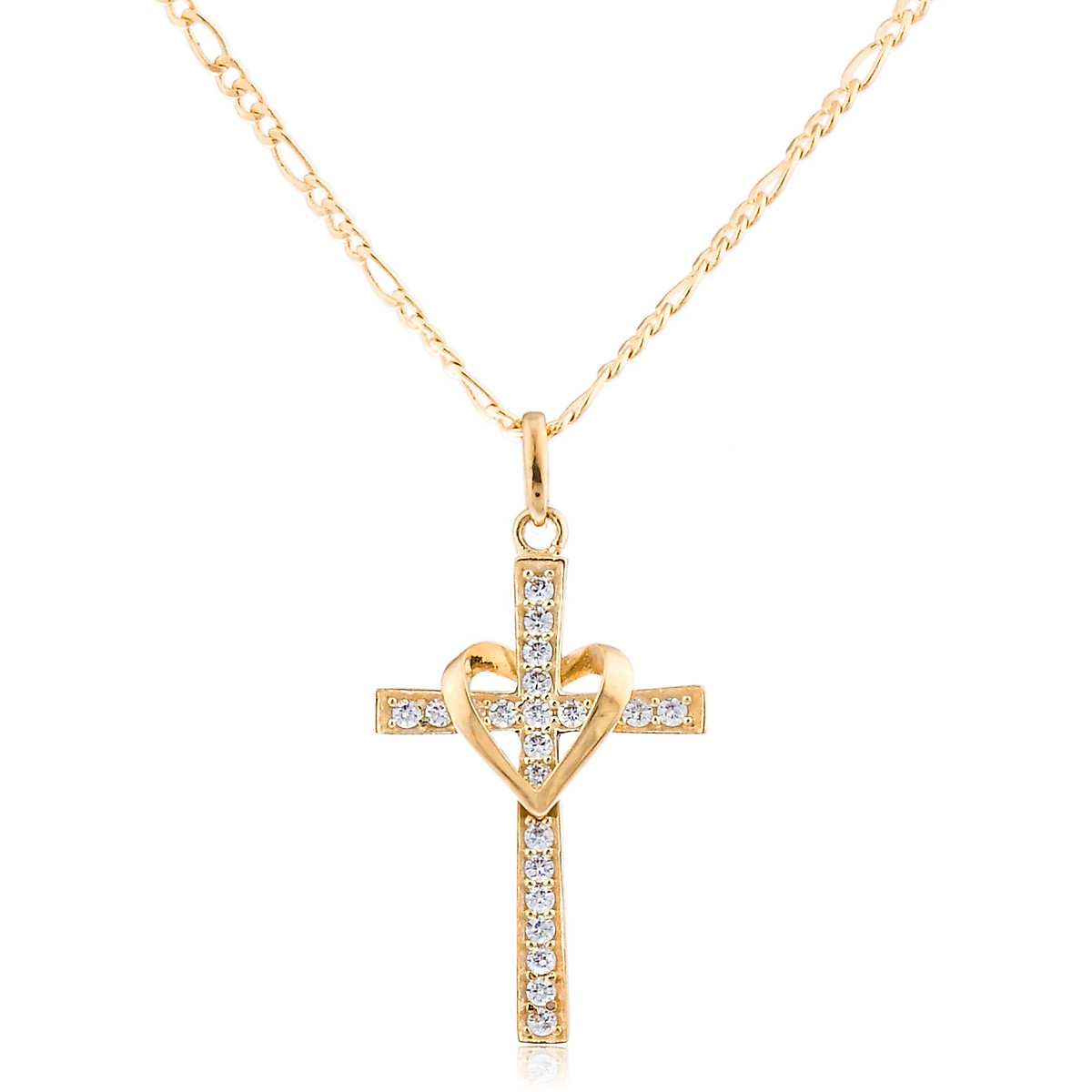 10k Yellow Gold, Rose Gold and White Gold Heart & Cross Pendant with an 16, 18, 20 and 22 Inch Gold Overlay Figaro Necklace (18 Inch, Yellow Gold)
