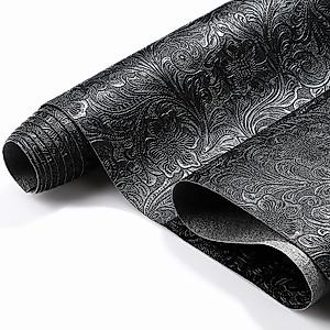 Locmeo 73'' x 55'' Tooled Faux Leather Sheets Vintage Floral Embossed Faux Leather Fabric Individual 2 Yard Cut Upholstery Flower Textured Synthetic Leather Material for DIY Crafts Making Sewing