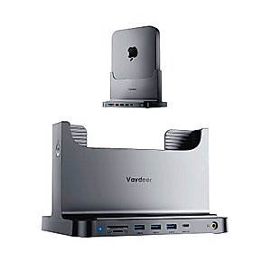 VAYDEER Mac Mini Stand Space Gray ABS Plastic Dock for Mac Mini, 8-in-1 Dock Station Holder with Power Adapter, USB 3.0 Ports/USB Hub for Data Transfer TF/SD Card Reader HDD/SSD Slot Audio Jack