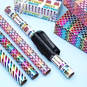 THMORT Mermaid Wrapping Paper Roll with a Cutter Kit for Girls&Boys,Kids Birthday Adults, Princess Pink Barbies 17 Inch X 120 Inch Gift Wrapping Paper Colorful Rainbow Happy Birthday wrapper.