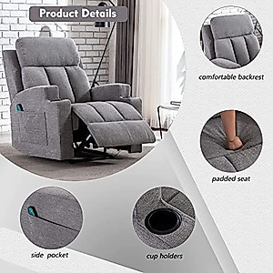 ANJ HOME Manual Massage Recliner Chairs with Heat for Living Room, Overstuffed Breathable Fabric Reclining Chair with Side Pockets and Cup Holders, Single Sofa Home Theater Seating, Grey