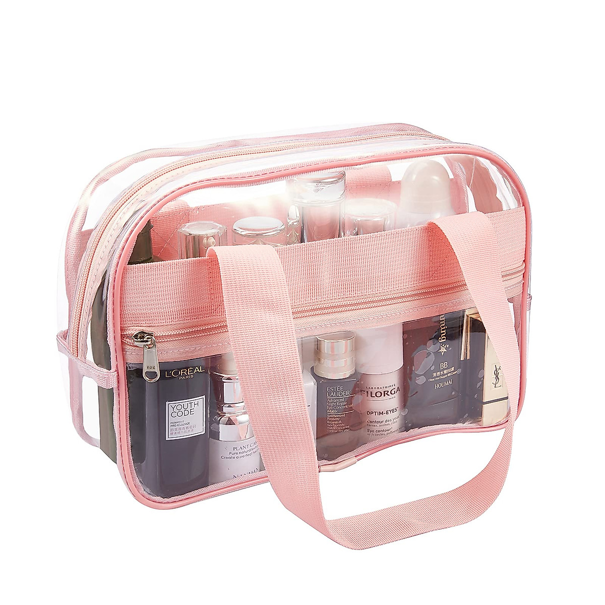 Premium Large Clear Makeup Cosmetic Toiletry Organizer Bag, Clear Tote Bag Stadium Approved, Mini Clear Purse for Gym, Work, Travel or Concert (Pink)